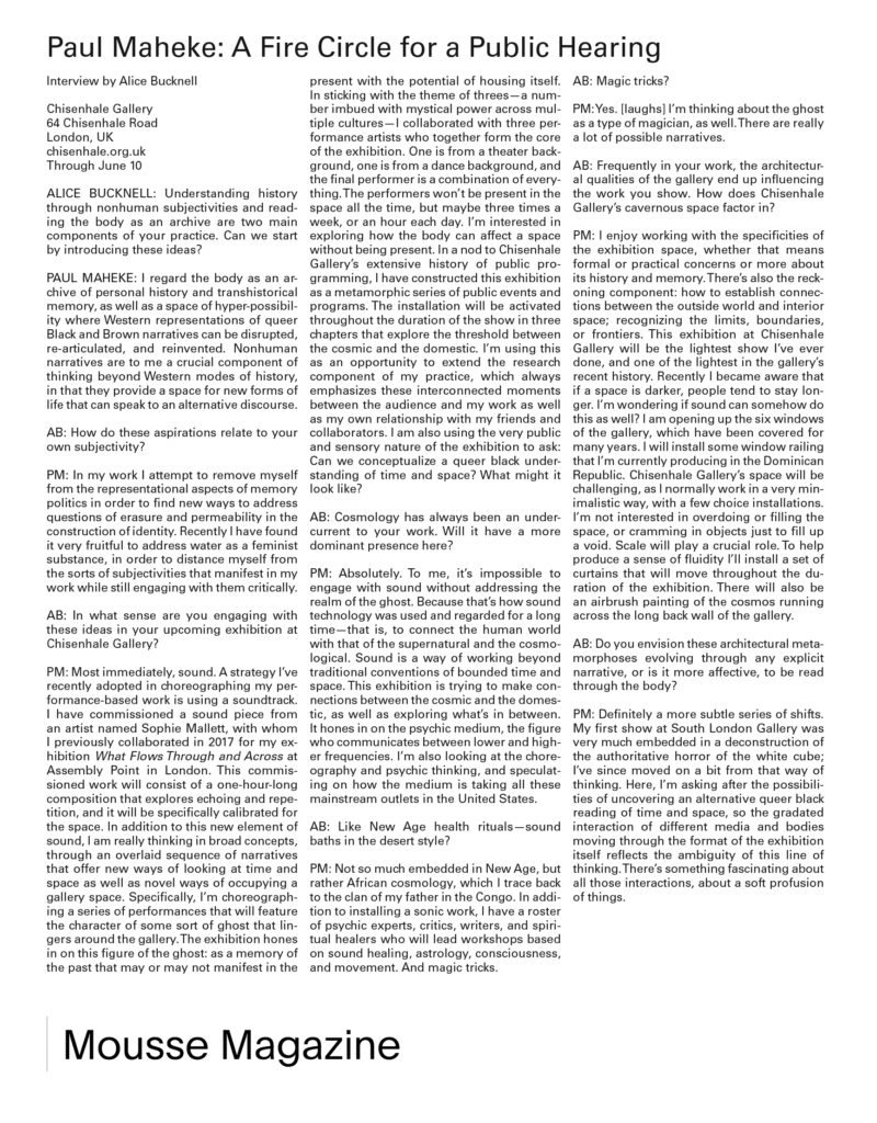Text by Alice Bucknell (Mousse Magazine) – Paul Maheke